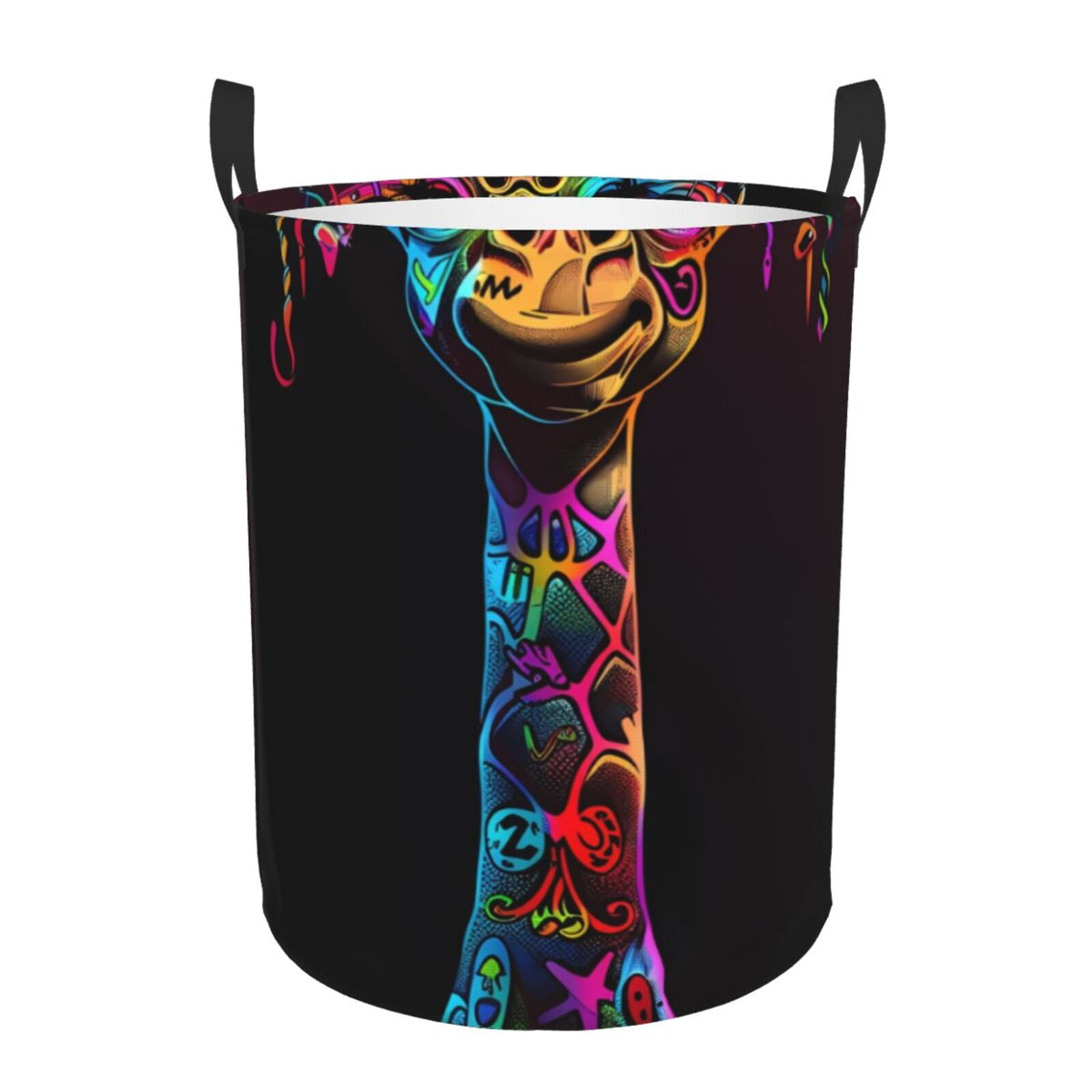 Disketp Neon Psychedelic Giraffe for Round Single Layer Dirty Clothes Basket with Handle for ...