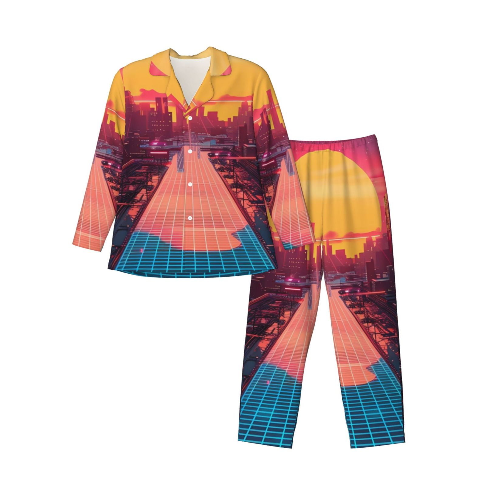 Disketp Neon Sunset Cyberpunk Cityscape for Pajamas Set Long Sleeve ...