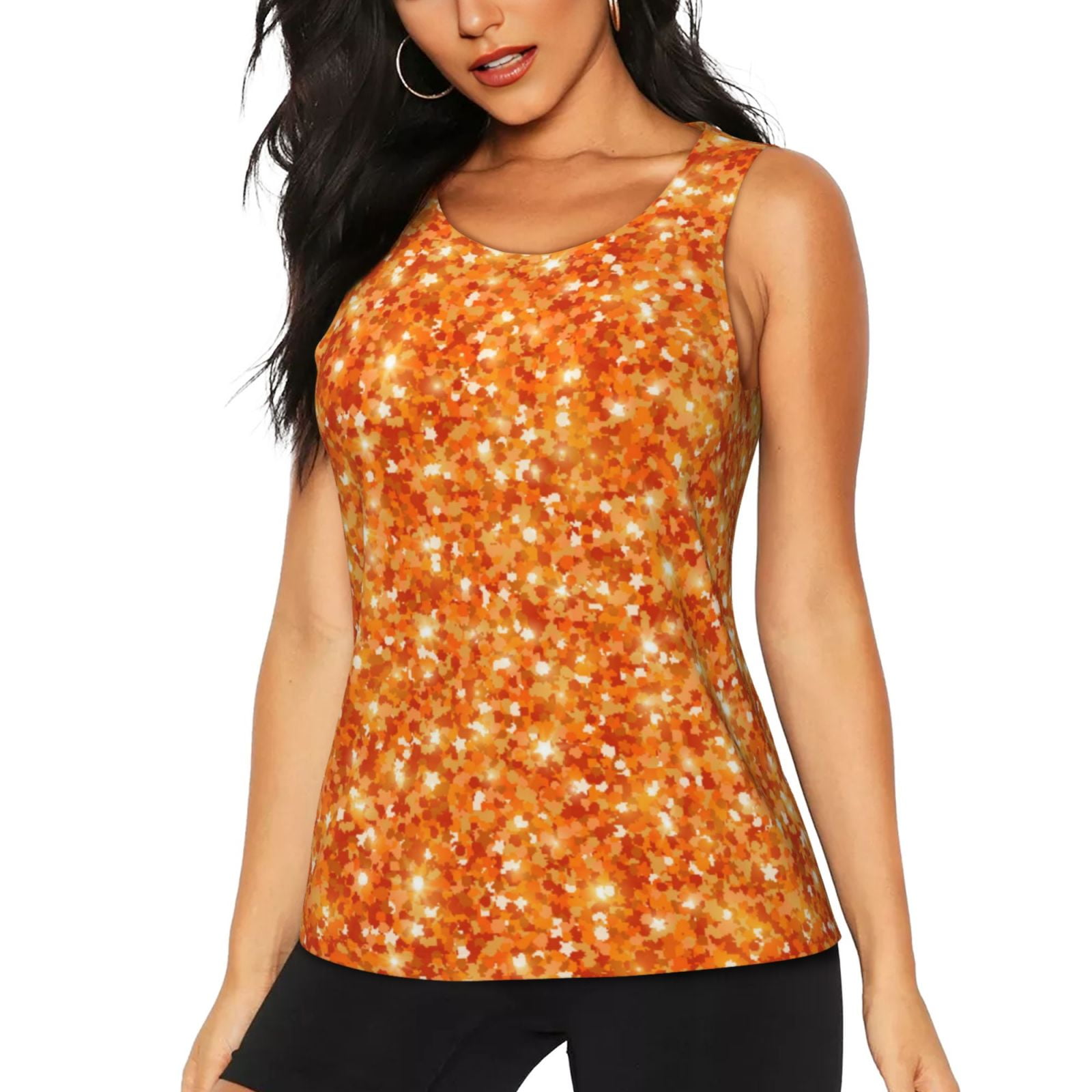 Disketp Orange Glitter Print Women's Workout Tank Top Sleeveless Gym ...