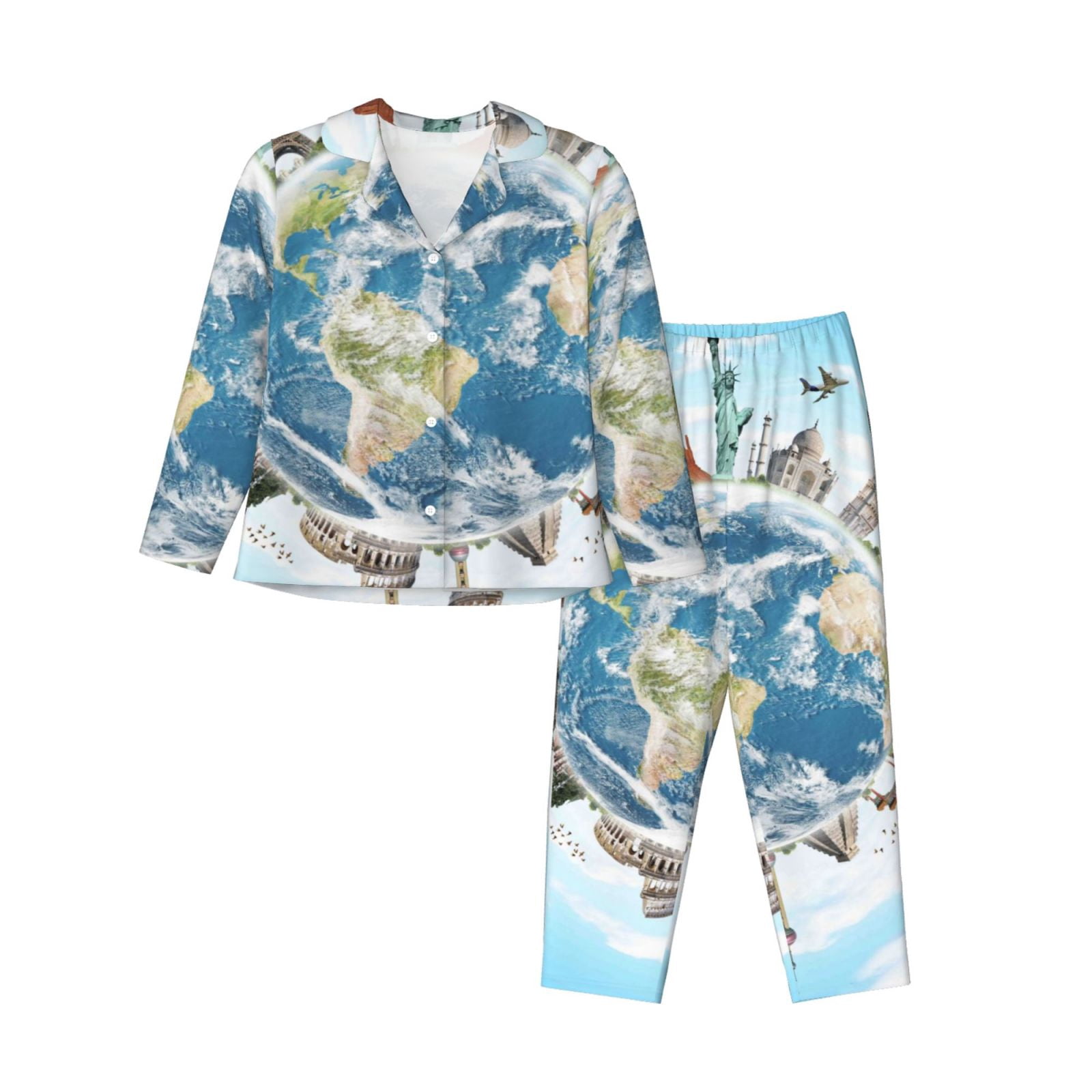 Disketp Pajamas Set Long Sleeve Sleepwear Womens Button Down Nightwear ...