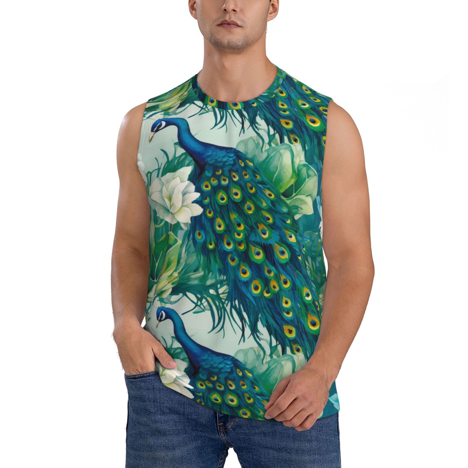 Disketp Peacock And Flowers Sleeveless Tshirts for Men, Muscle Shirts ...