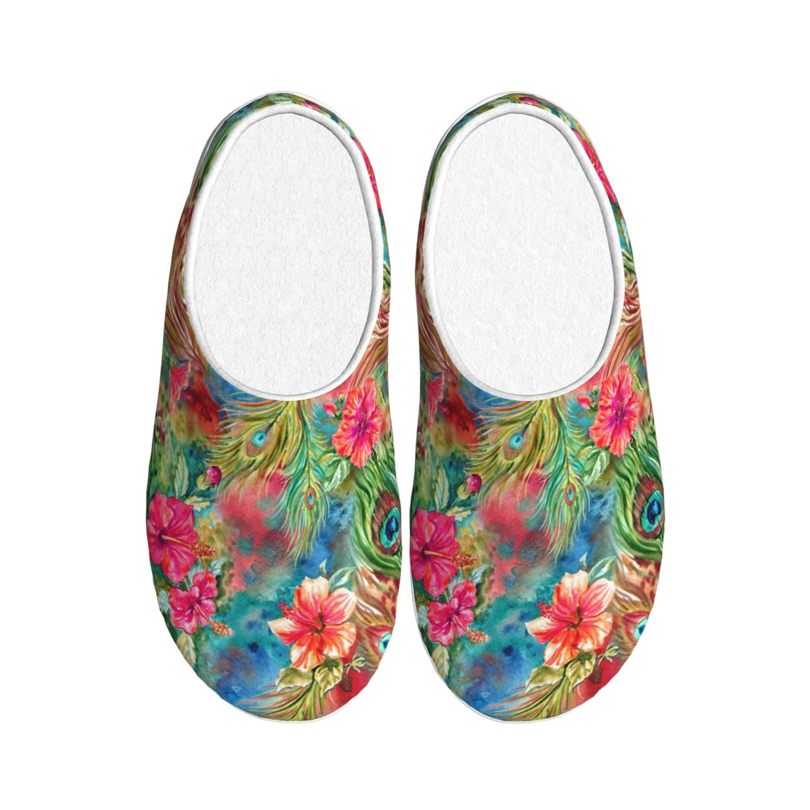 Disketp Peacock Feathers And Flowers Women's Men's Slippers Plush Slip ...