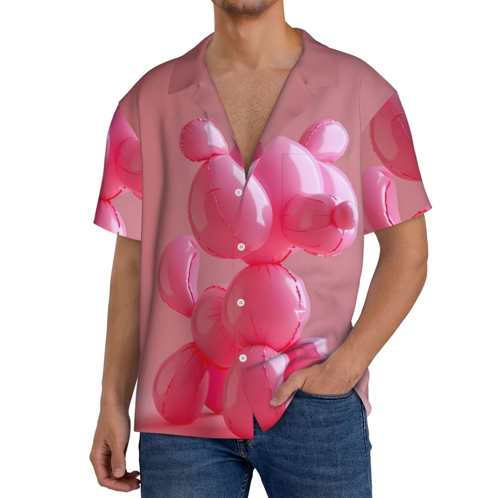 Disketp Pink Balloon Puppy Art Men's Hawaiian, Shirts Button Down ...