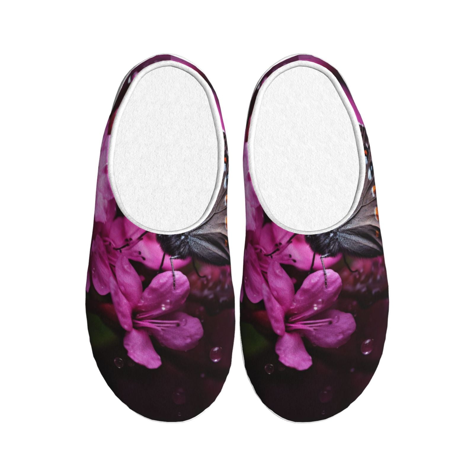 Disketp Pink Blossoms Butterfly Women's Men's Slippers Plush Slip-On ...