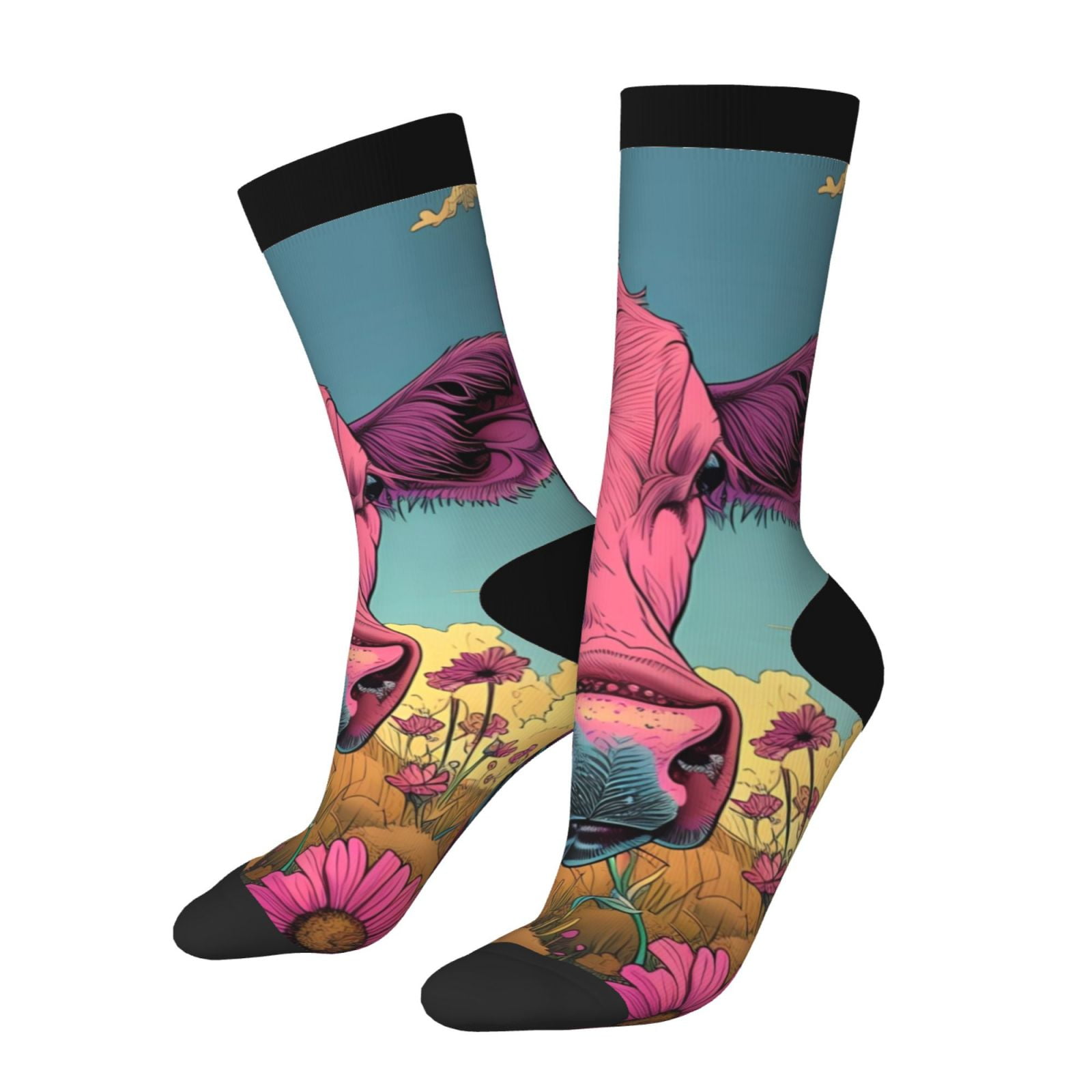 Disketp Pink Cow In Sunflower Field Unisex Crew Socks Lightweight ...