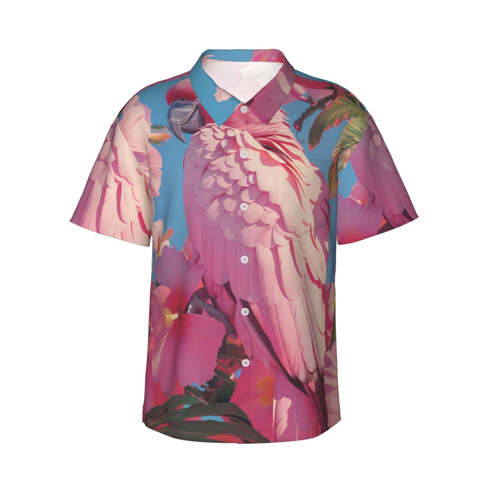 Disketp Pink Parrot Tropical Blossoms Hawaiian Shirts for Men,Mens ...