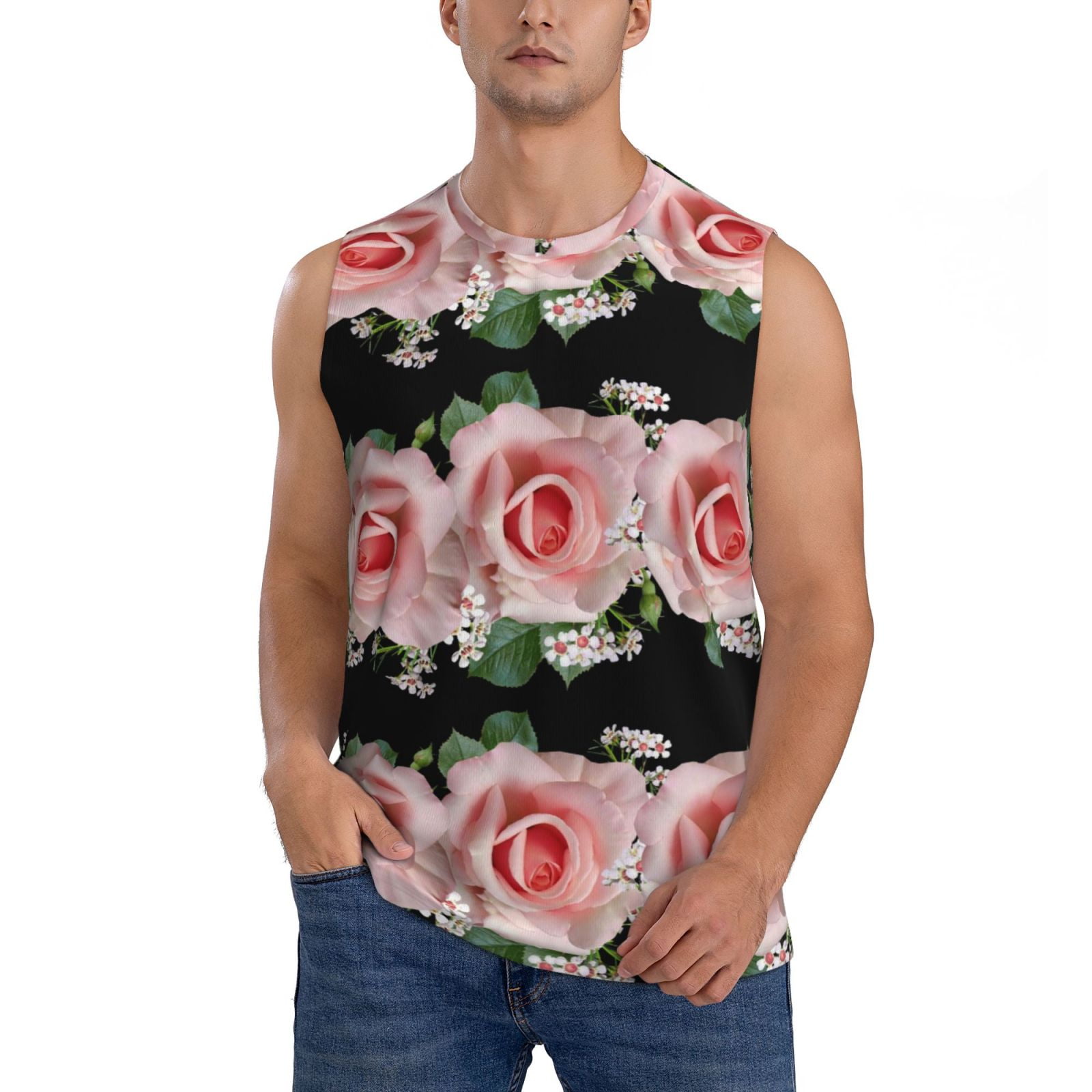 Disketp Pink Roses Sleeveless Tshirts For Men, Muscle Shirts For Men ...