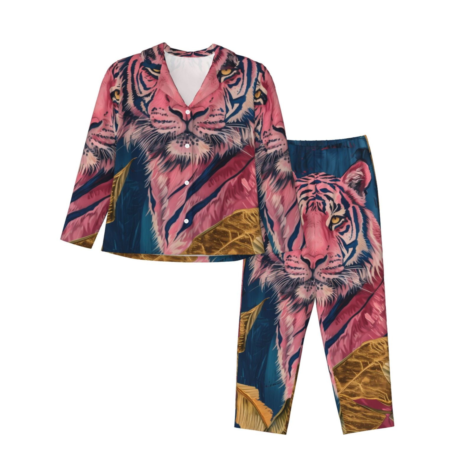 Disketp Pink Tiger Gold Leaves Pajamas Set Long Sleeve Sleepwear Womens ...