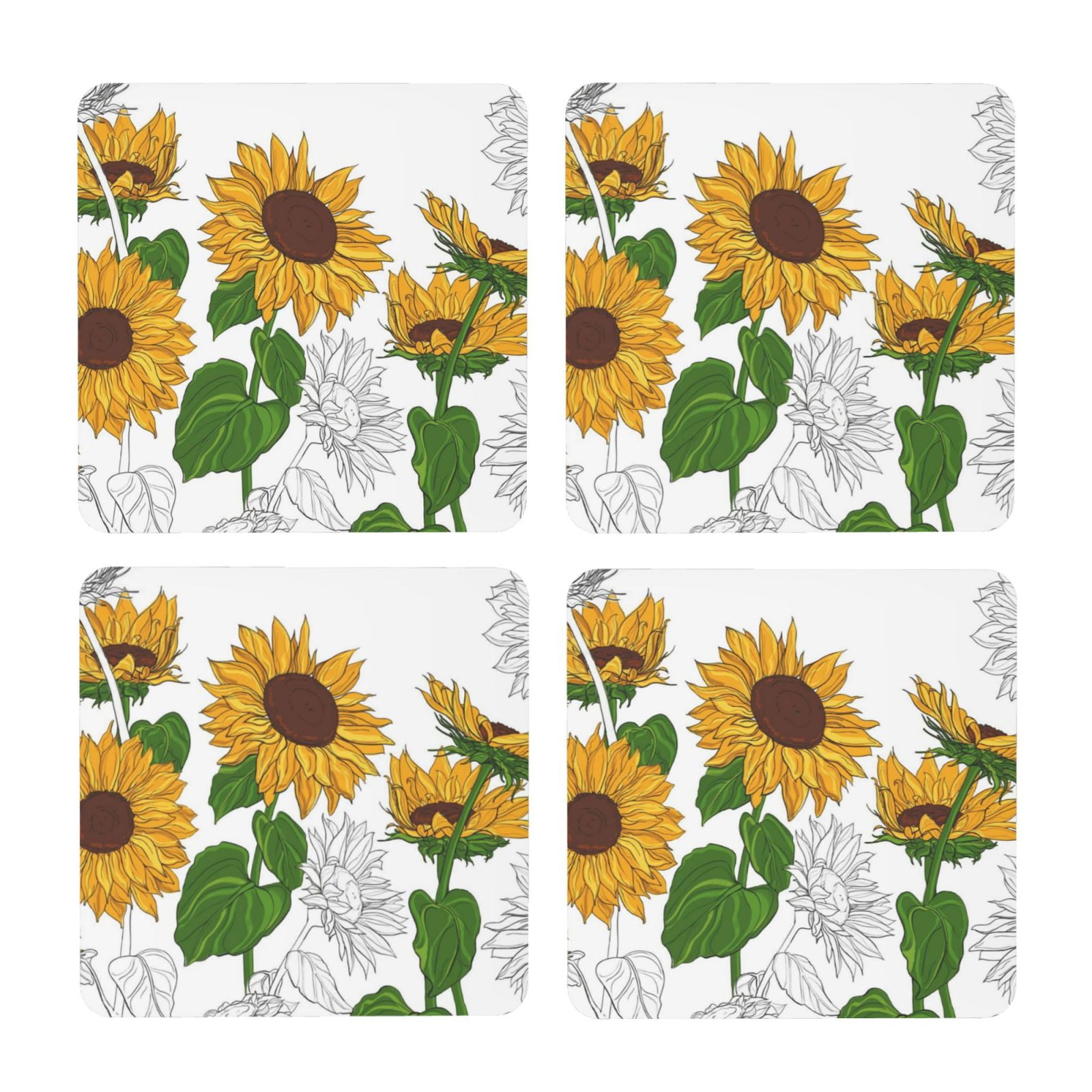 Disketp Plump Sunflower And Sketch MDF Cork Coaster 4 Pcs - Absorbent ...