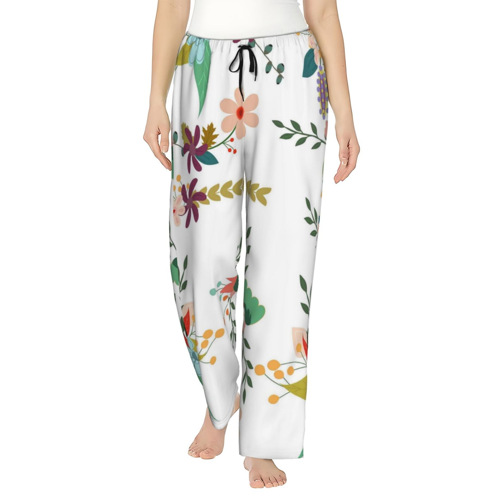 Disketp Pretty Floral With Leaves Print Women'S Comfy Pajama Pants Casual Drawstring Palazzo ...
