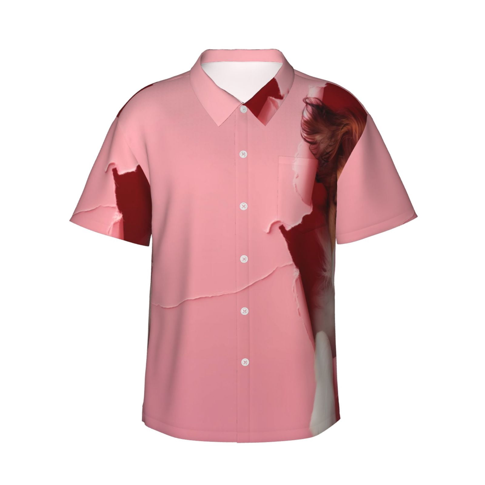 Disketp Puppy Peeking Through Pink Hawaiian Shirts for Men,Mens Casual ...