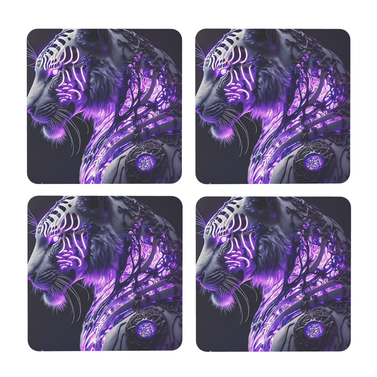 Disketp Purple Pattern White Tiger MDF Cork Coaster 4 Pcs - Absorbent ...