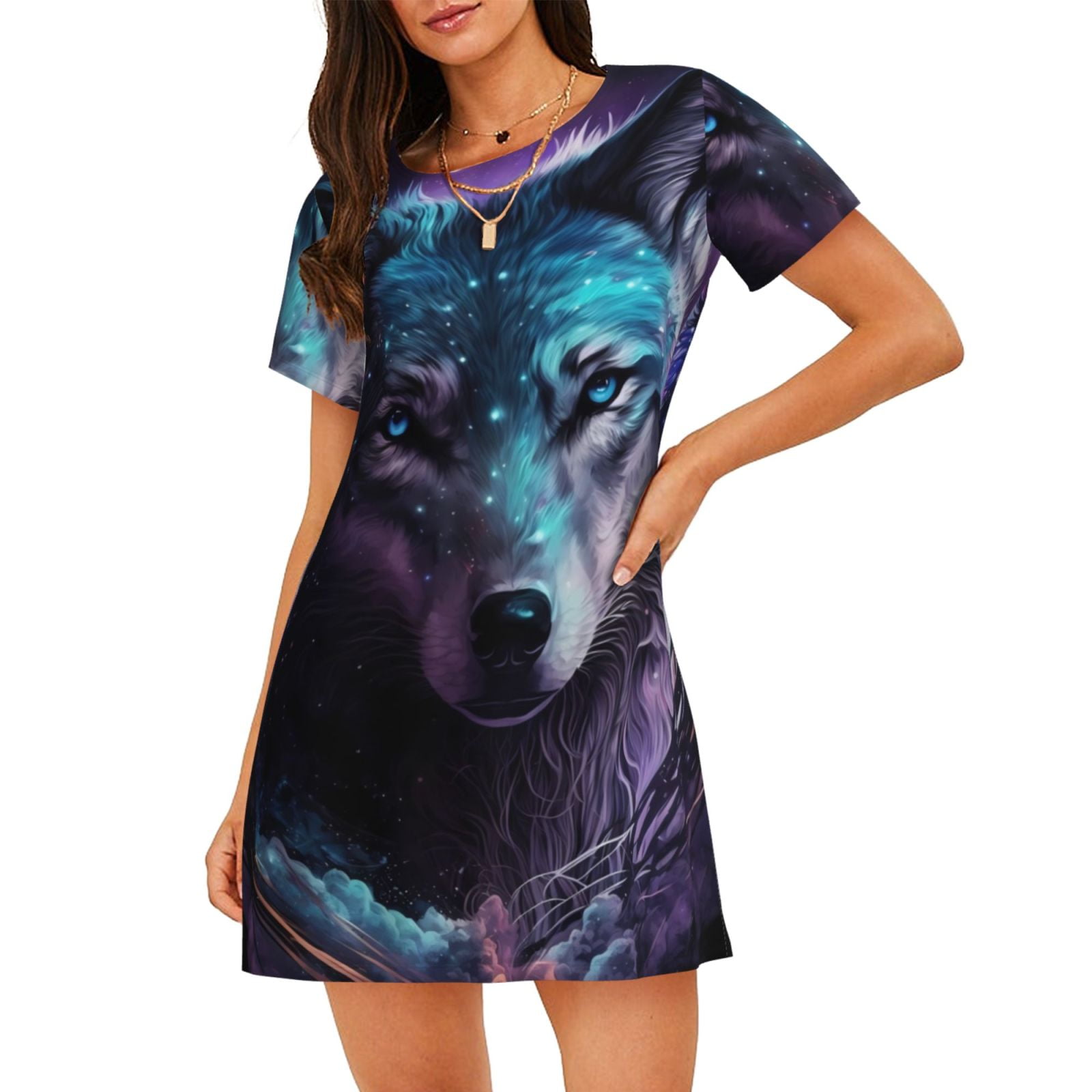 Disketp Purple Sky Wolf for Womens Short Sleeve Sleepshirt Scoopneck ...