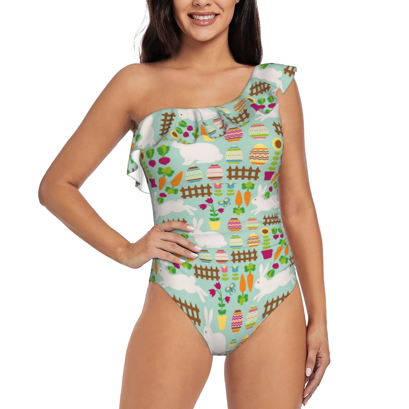 Disketp Rabbit And Carrot Women Swimsuit One Piece One Shoulder Ruffle Flattering Bathing Suit