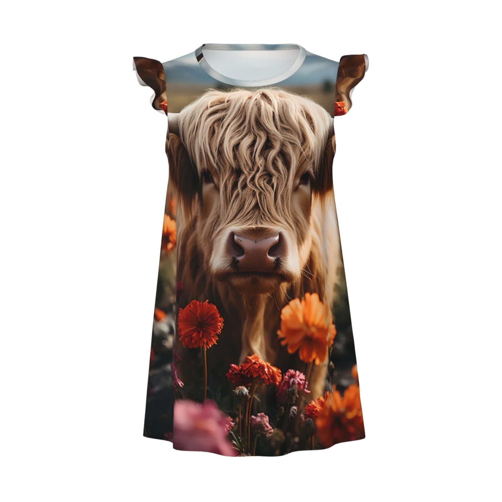 Disketp Realistic Flower Cow Print Girls Nightgowns 3-10 Years Flutter ...