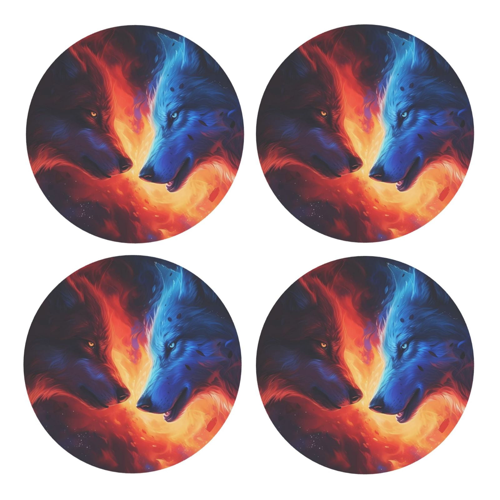 Disketp Red And Blue Fire Wolf MDF Cork Coaster 4 Pcs - Absorbent ...