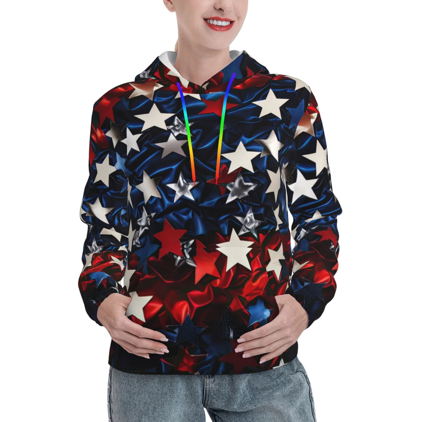 Disketp Red Blue White Stars Womens Casual Hoodies Crew Neck Long ...