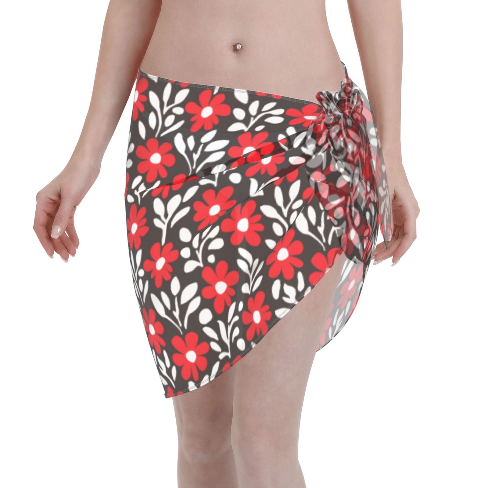Disketp Red Floral Women Swimsuit Cover Up Short Chiffon Summer Beach ...