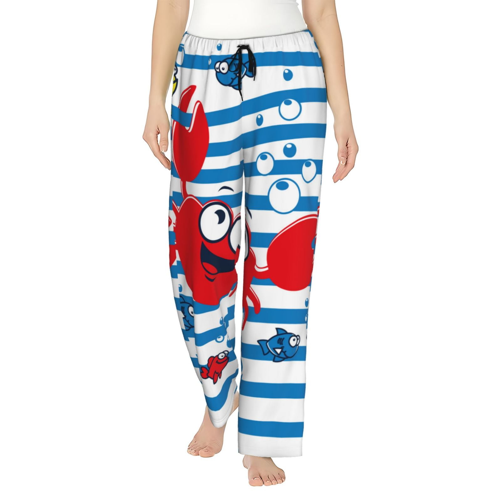 Disketp Red Funny Crab On Blue Stripe Print Women'S Comfy Pajama Pants ...