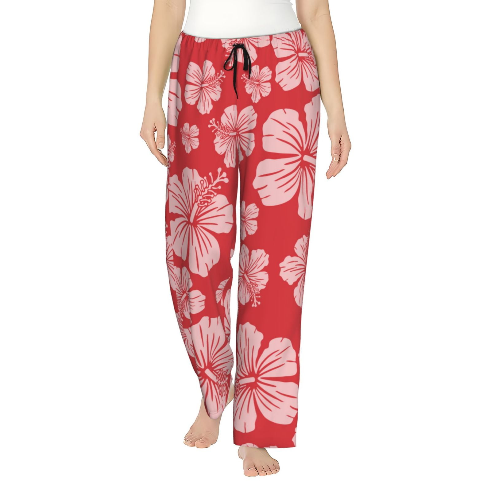Disketp Red Hibiscus Flower Print Women'S Comfy Pajama Pants Casual ...