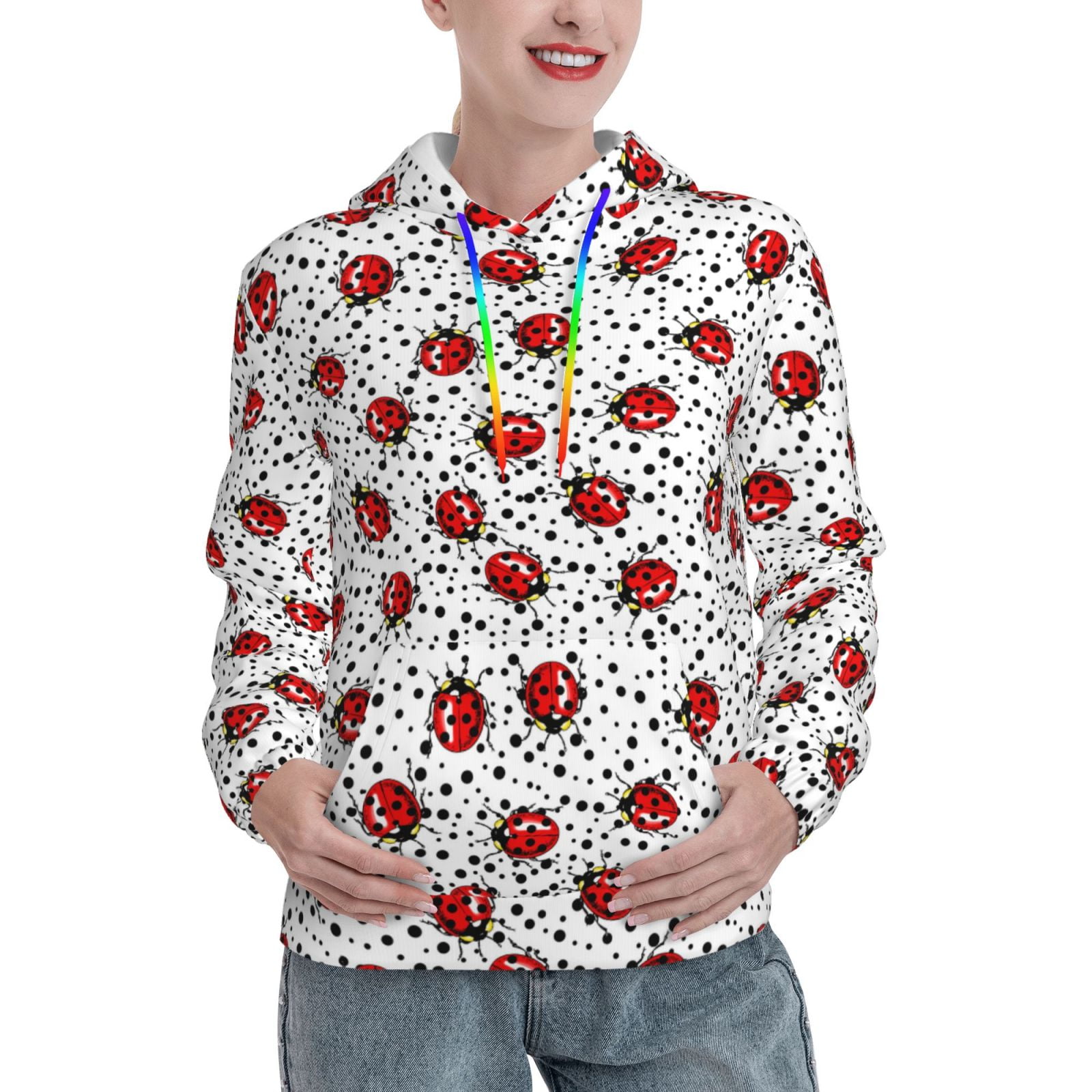 Disketp Red Ladybugs On Black Dotted Womens Casual Hoodies Crew Neck ...