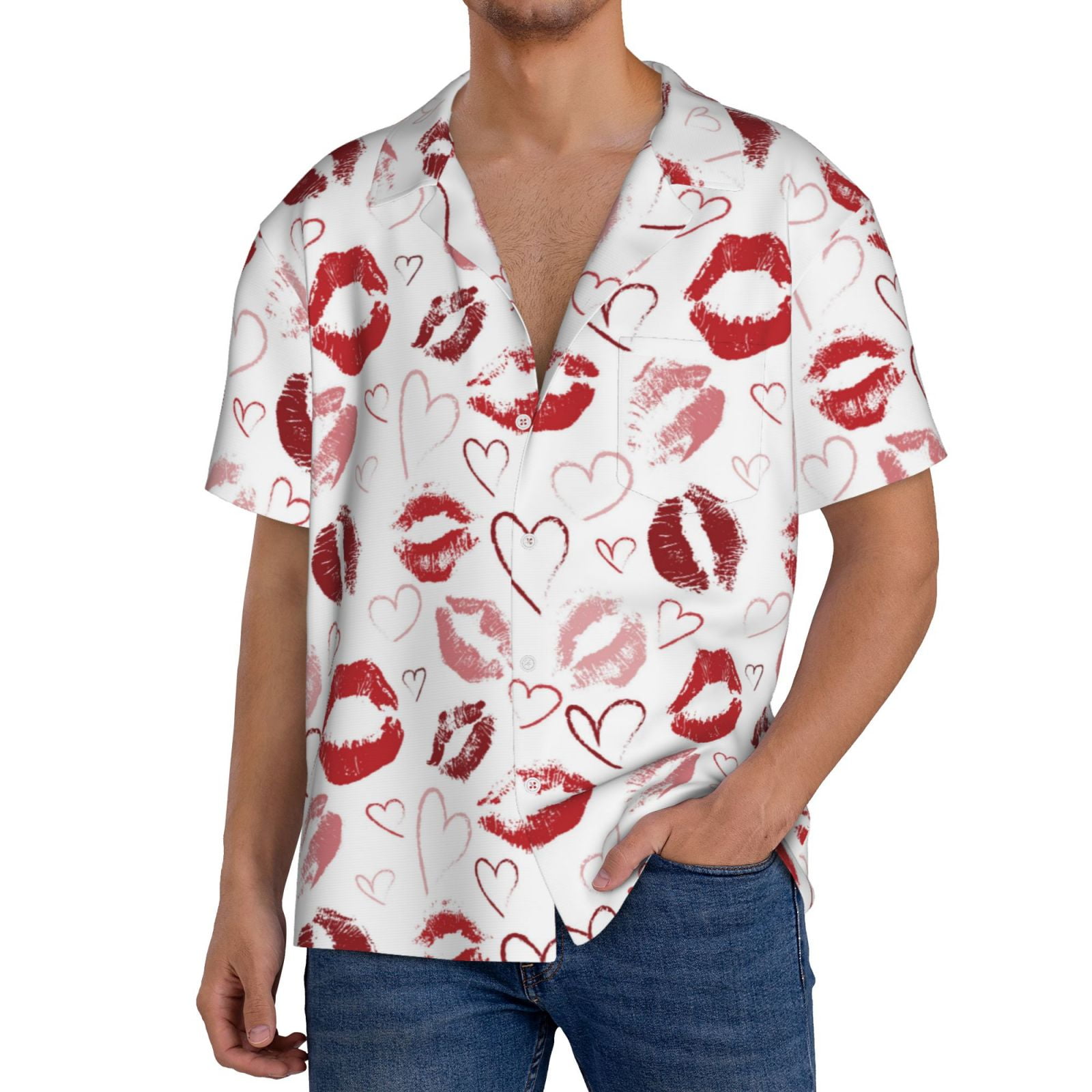 Disketp Red Lips Men's Hawaiian, Shirts Button Down Holiday Beach ...
