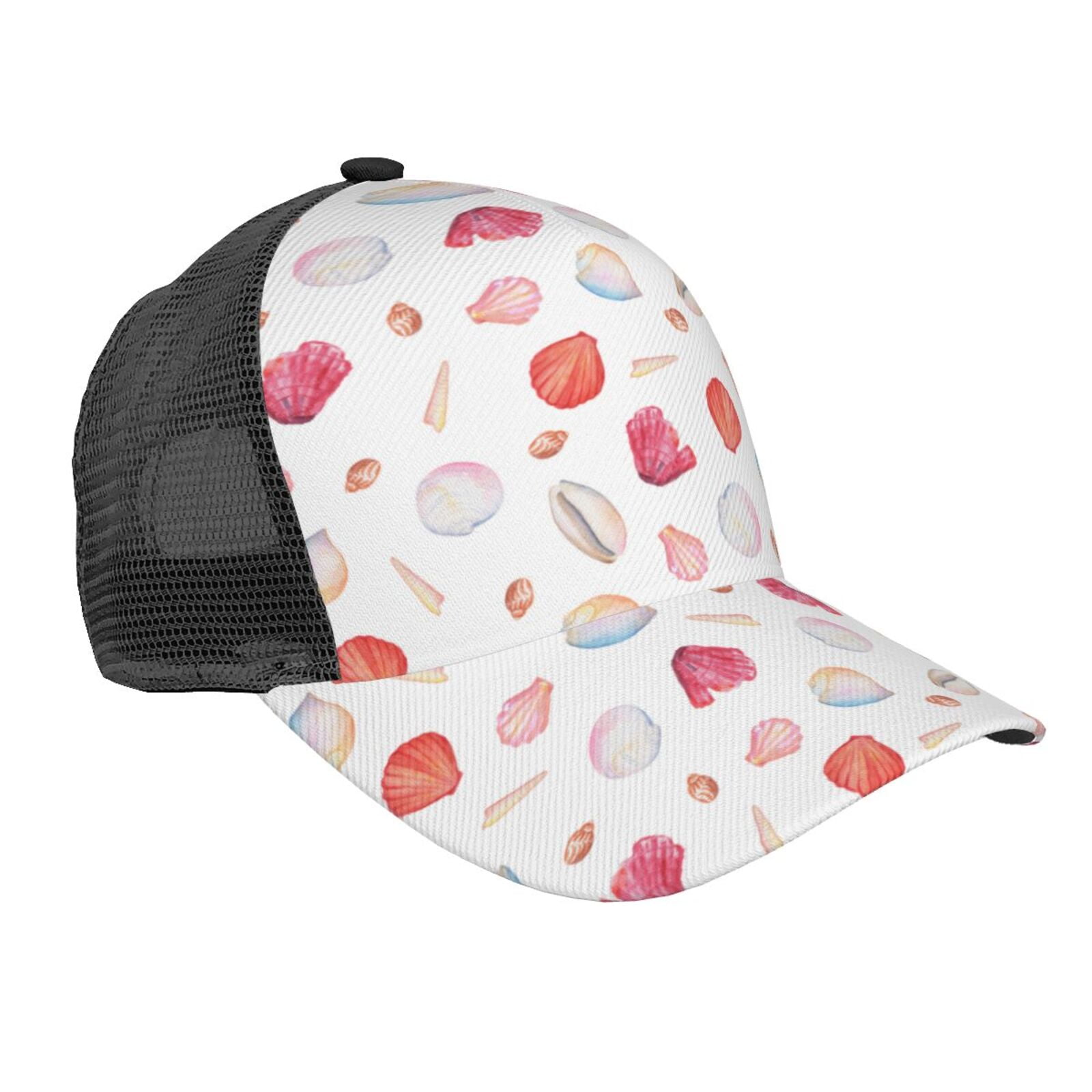 Disketp Red coral and scallop seashell Print Trucker Hat Men Women ...