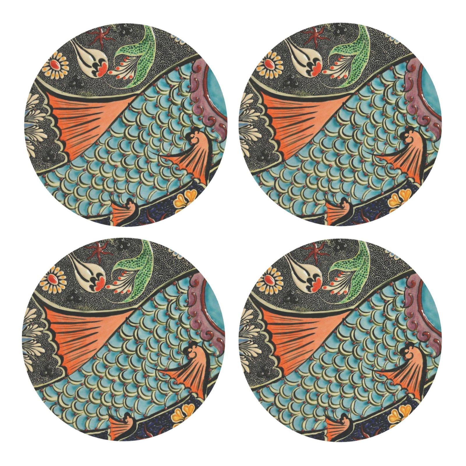Disketp Rich Fish MDF Cork Coaster 4 Pcs - Absorbent Beverage Coasters ...