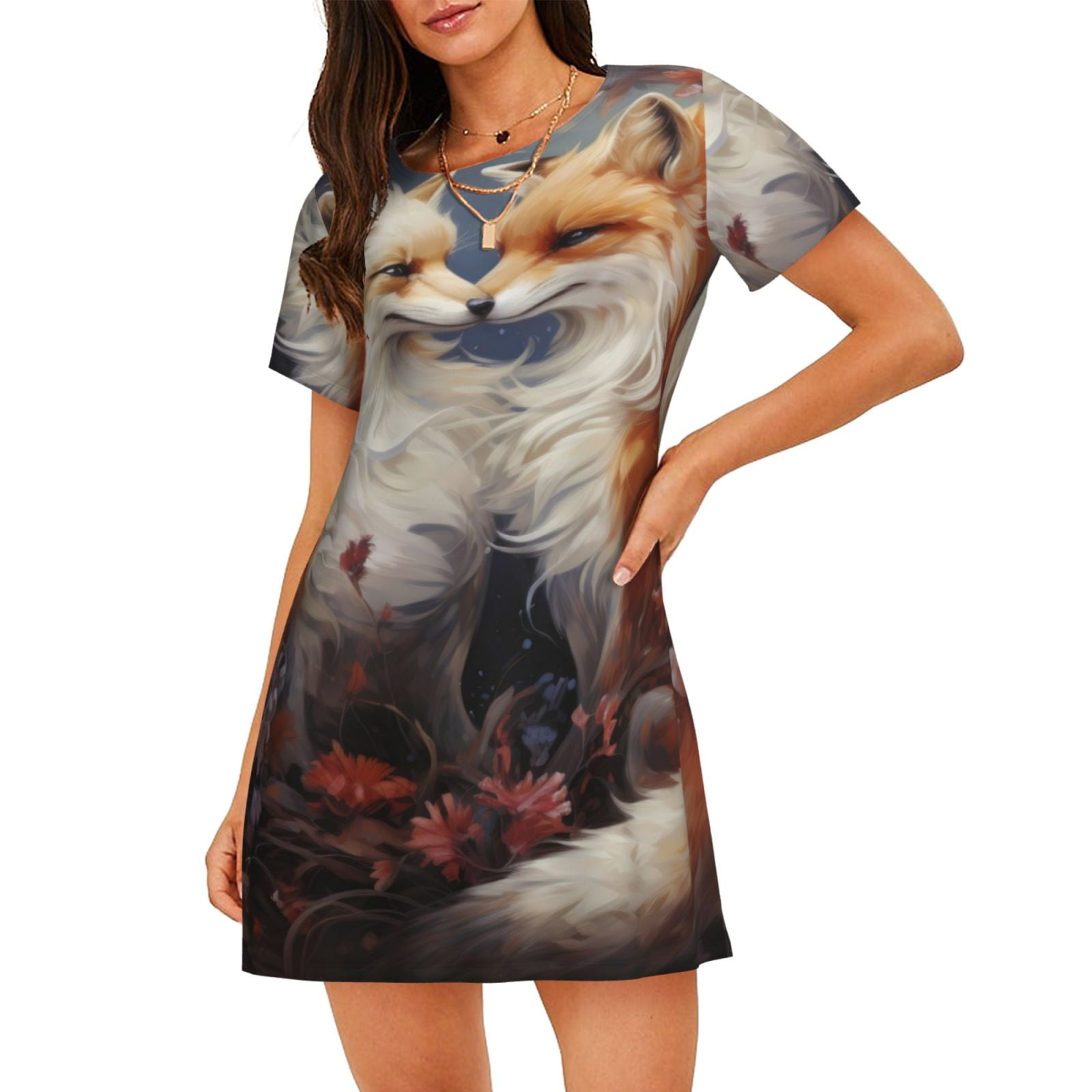 Disketp Romantic Flower Fox Couple for Womens Short Sleeve Sleepshirt ...