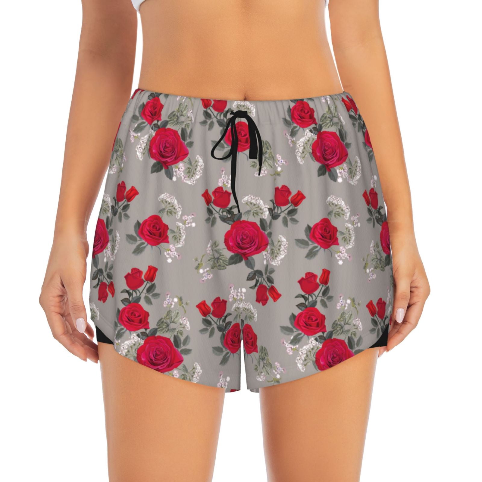 Disketp Rose Flowers Print Women's Shorts Workout Shorts for Athletic ...