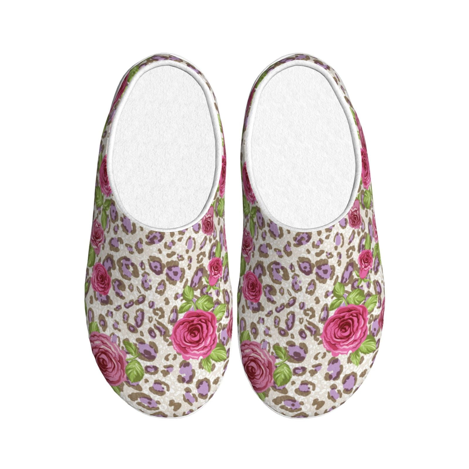 Disketp Rose Mix Leopard 4 Women's Men's Slippers Plush Slip-On House ...