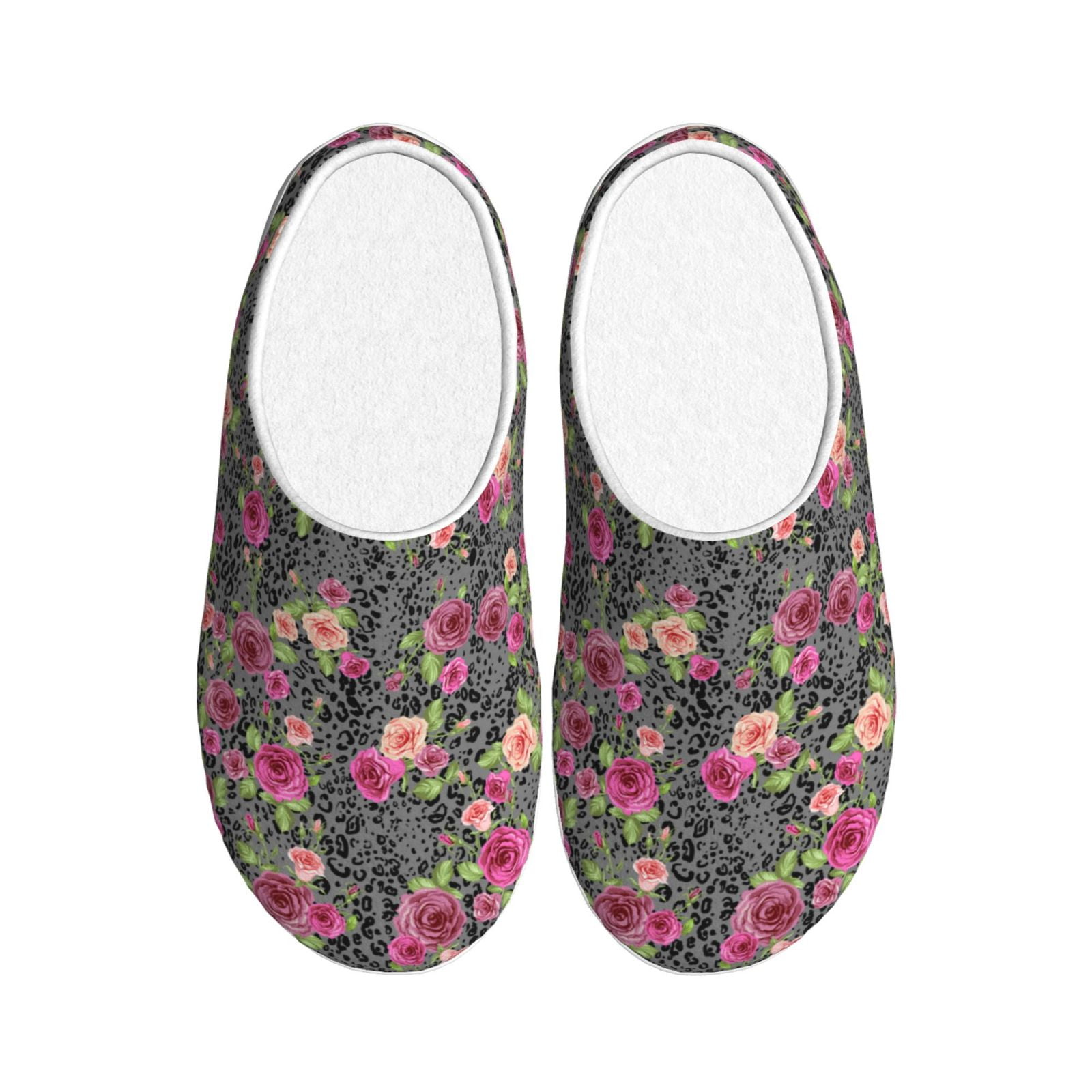 Disketp Rose Mix Leopard Women's Men's Slippers Plush Slip-On House ...