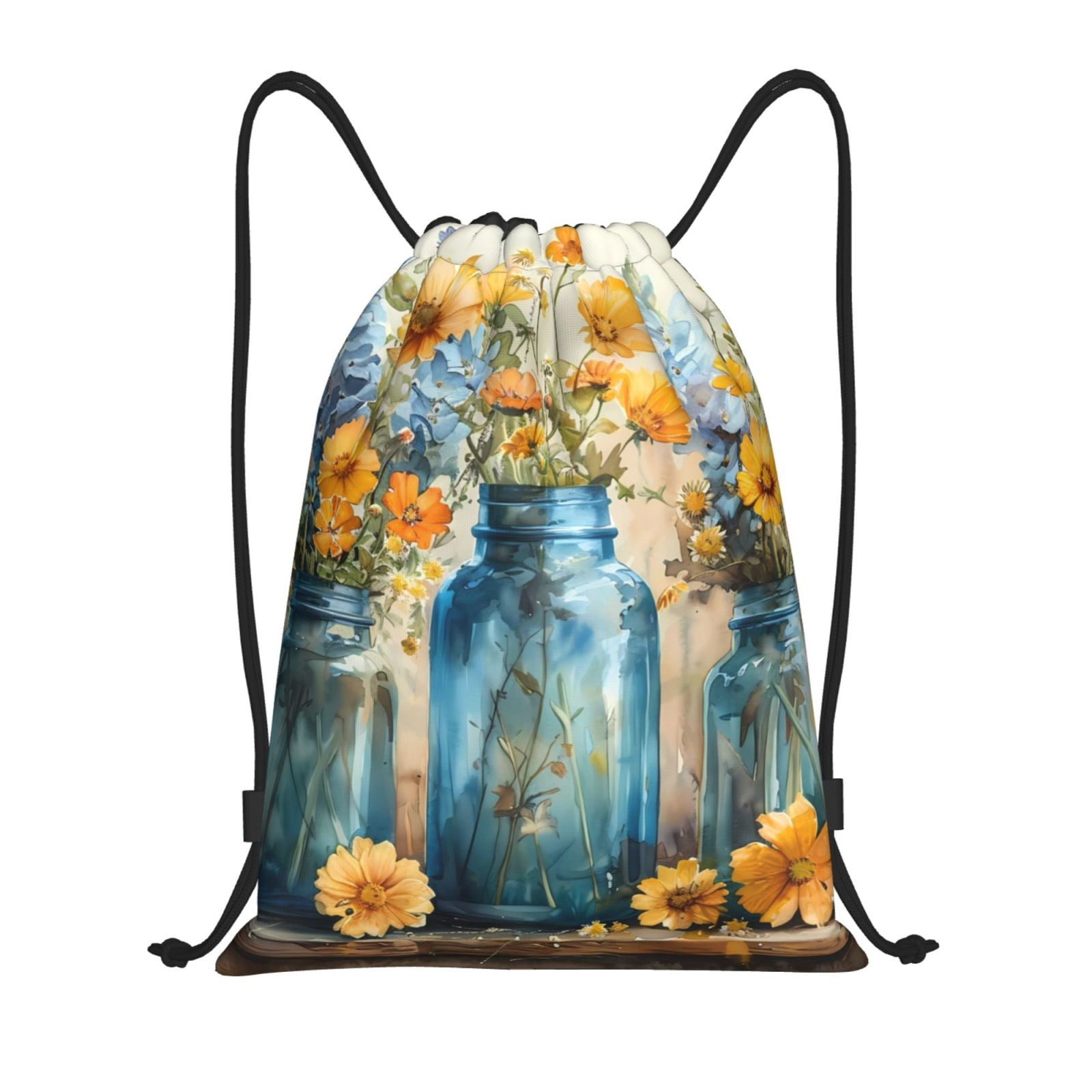 Disketp Rustic Blue Vase Blossoms Drawstring Backpack Drawstring Gym ...