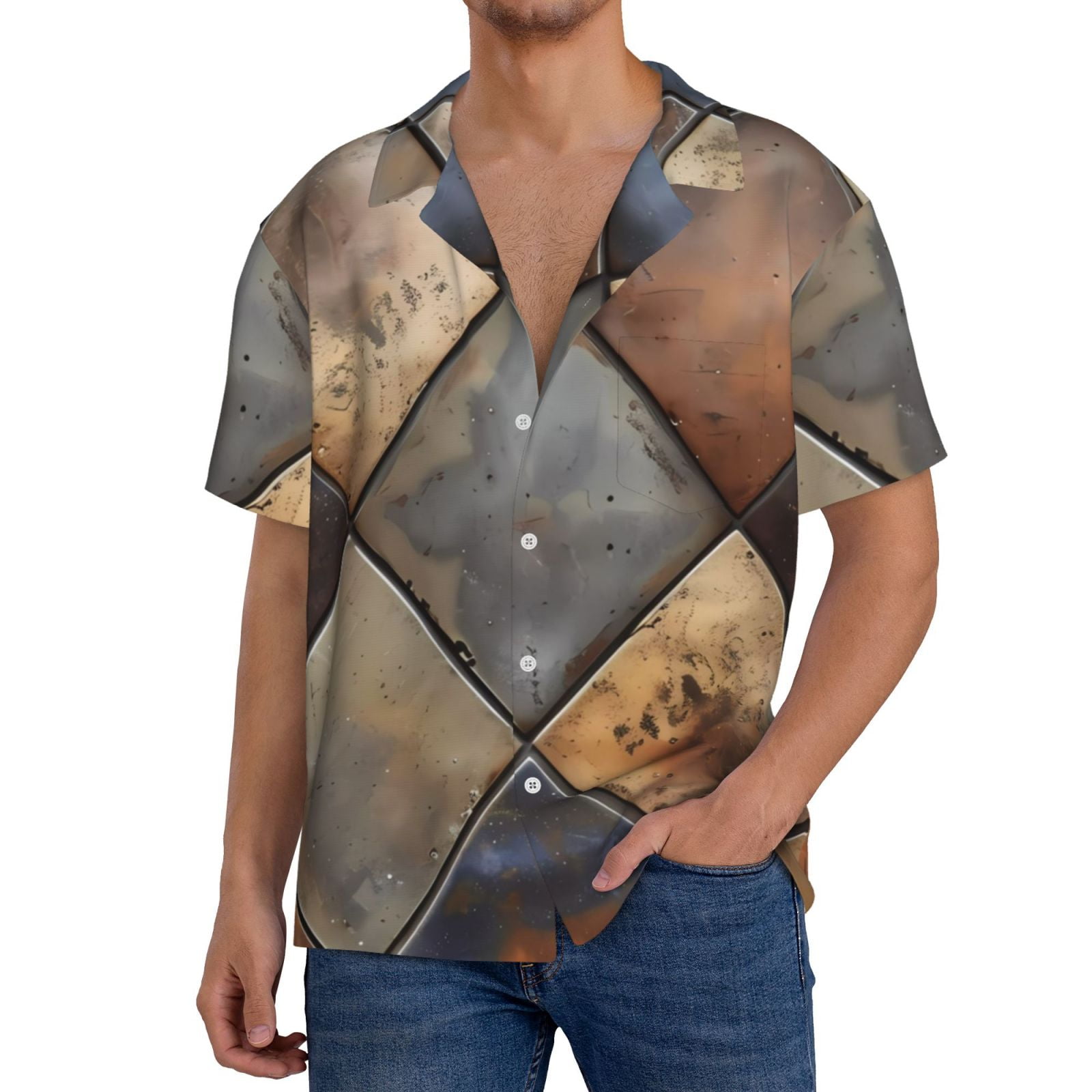 Disketp Rustic Tile Pattern Men's Hawaiian, Shirts Button Down Holiday ...