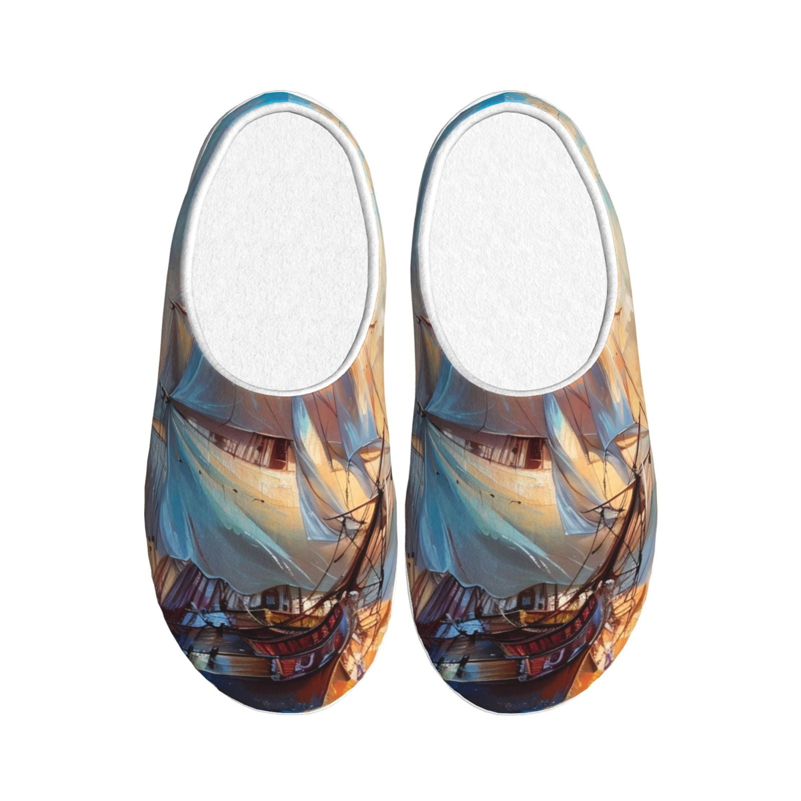Disketp Sailing Ship Ocean Sunset Women's Men's Slippers Plush Slip-On ...