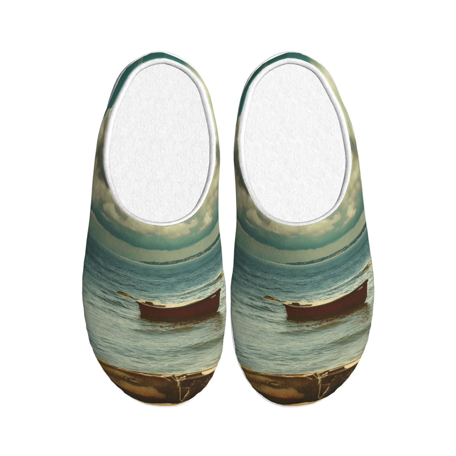 Disketp Serene Coastal Blue Sky Women's Men's Slippers Plush Slip-On ...