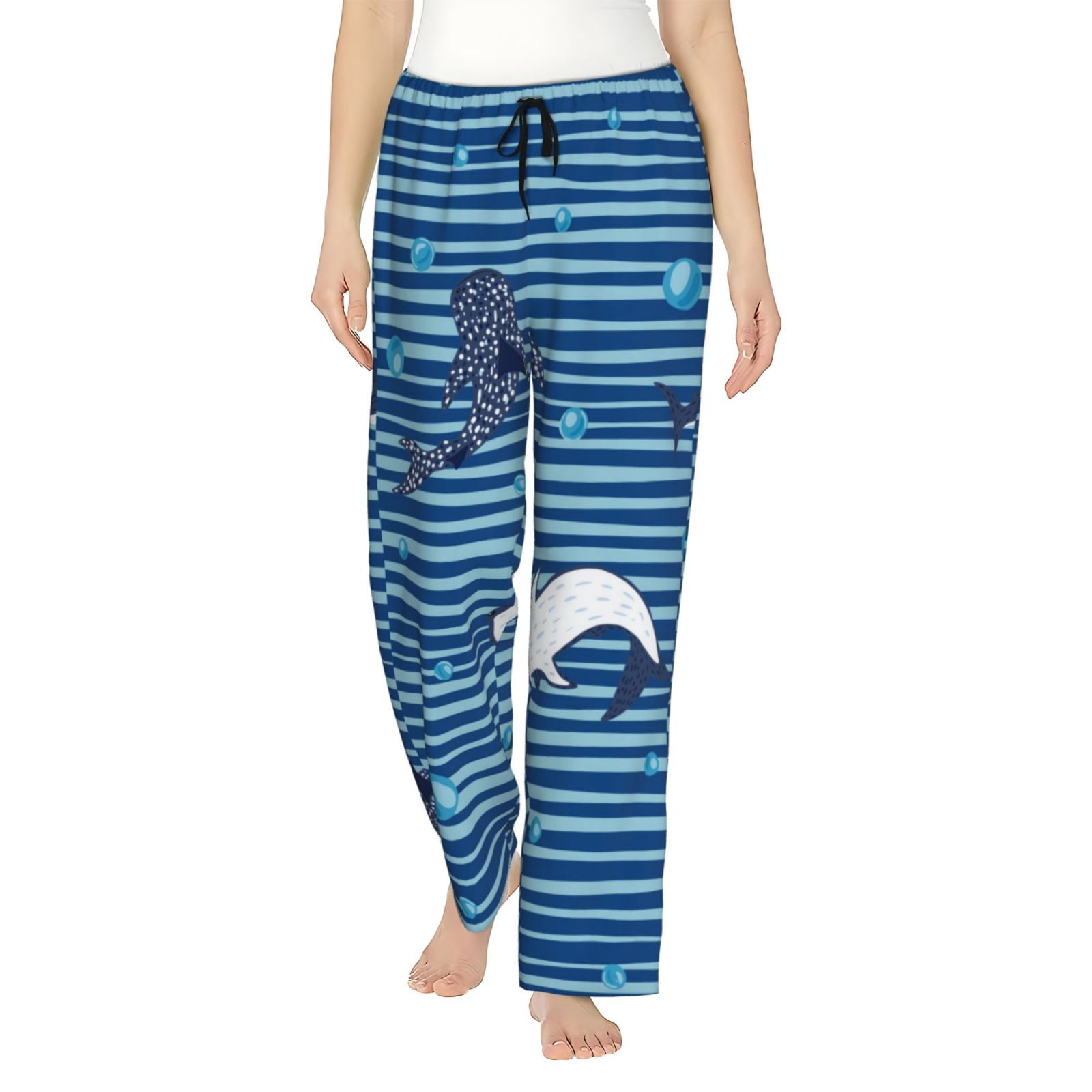 Disketp Sharks On White Blue Striped Print Women'S Comfy Pajama Pants ...