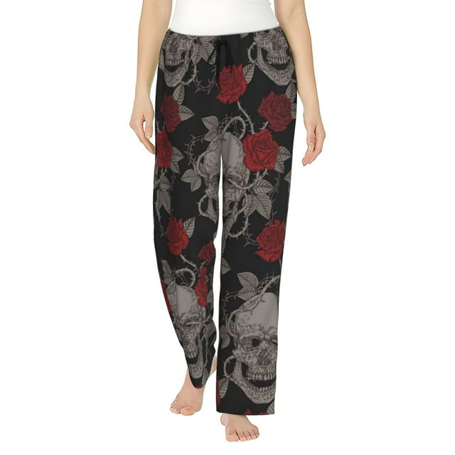 Disketp Skull And Red Roses Print Women'S Comfy Pajama Pants Casual ...