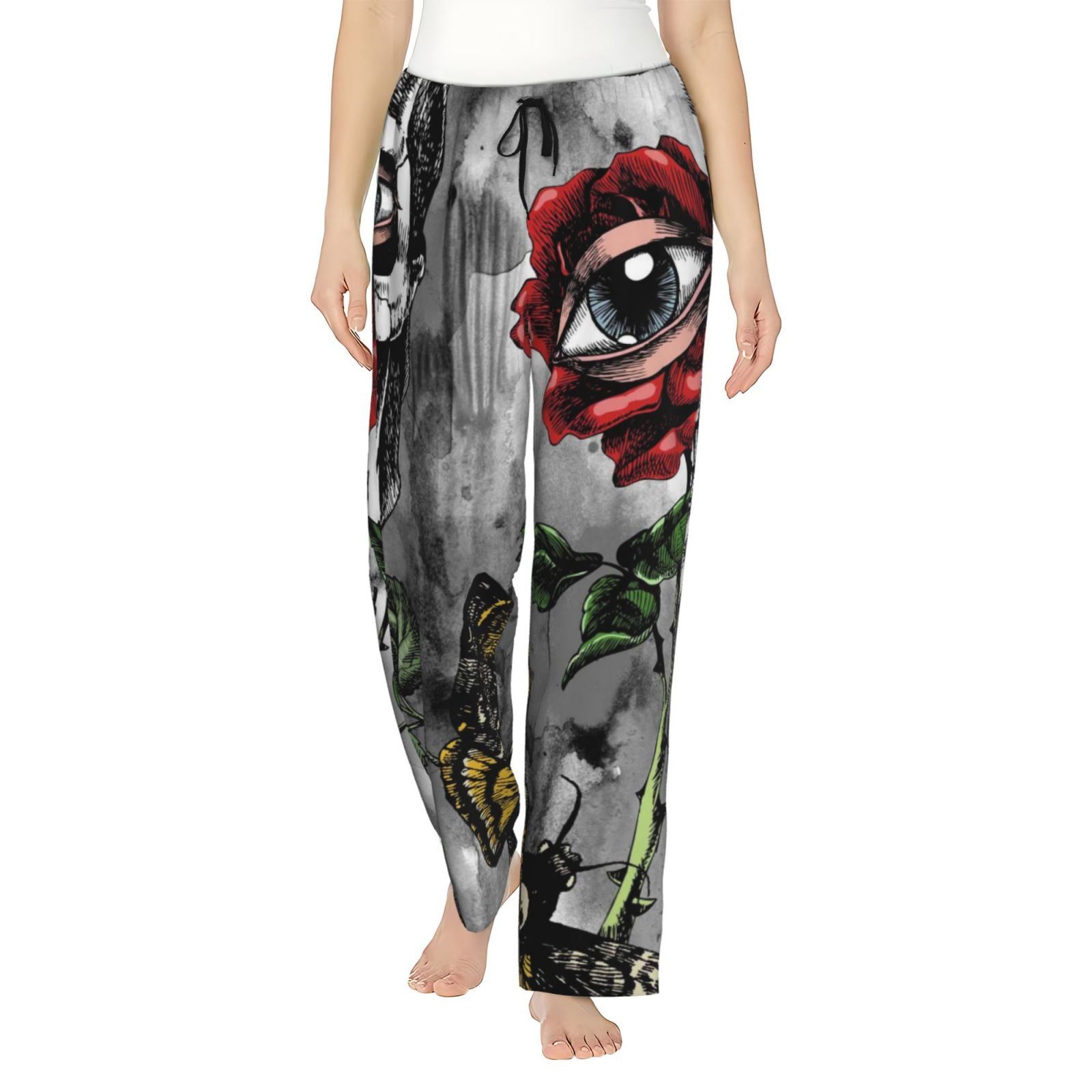 Disketp Skulls Roses Print Women'S Comfy Pajama Pants Casual Drawstring ...
