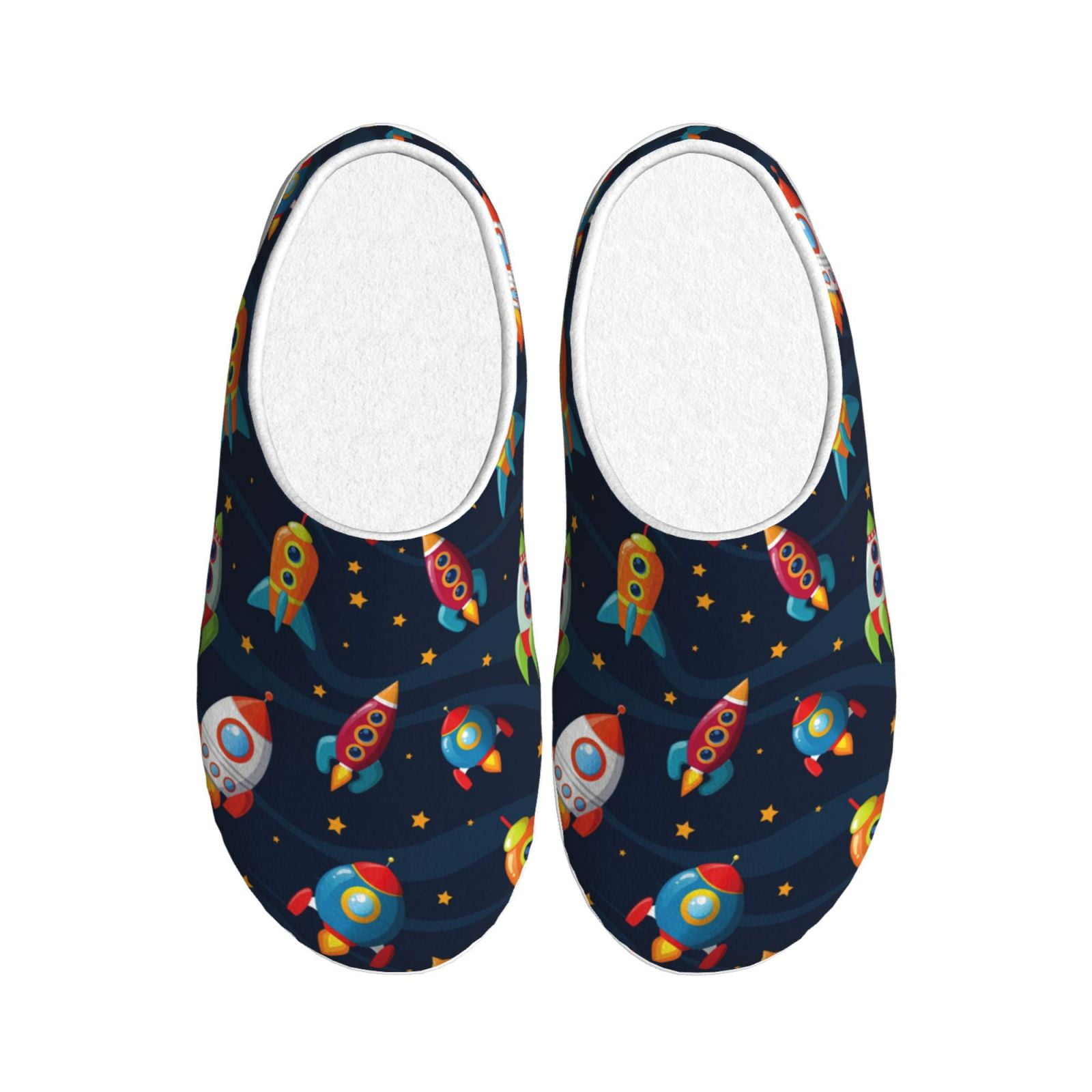 Disketp Spaceships and Stars Women's Men's Slippers Plush Slip-On House ...