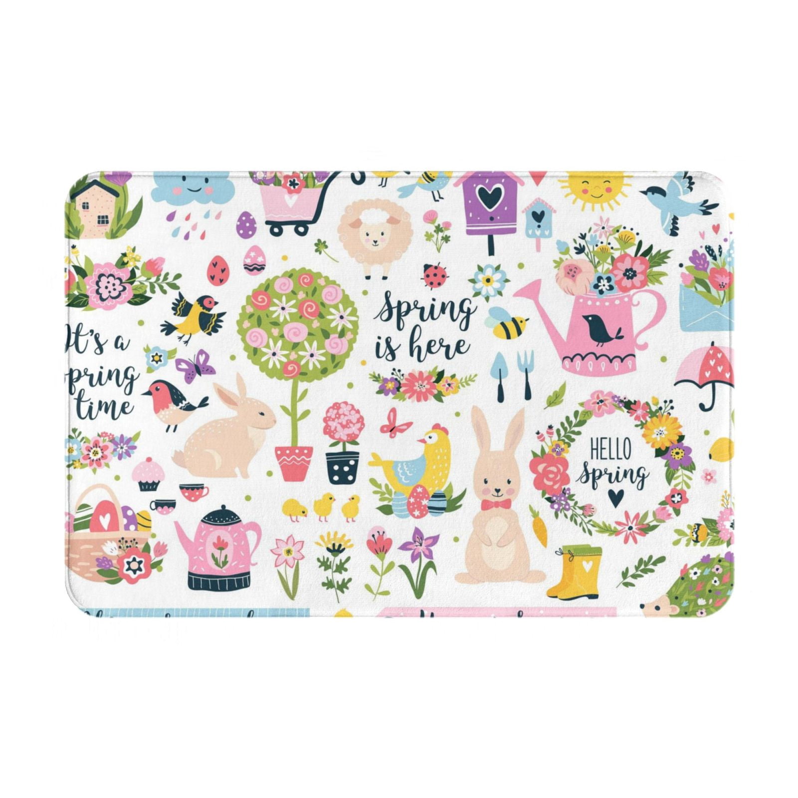 Disketp Spring Hand Drawn Flowers Birds Mat For Front Door Outside ...