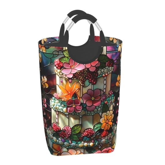 Disketp Stained Glass Floral Cake Square Laundry Bag Large Collapsible ...