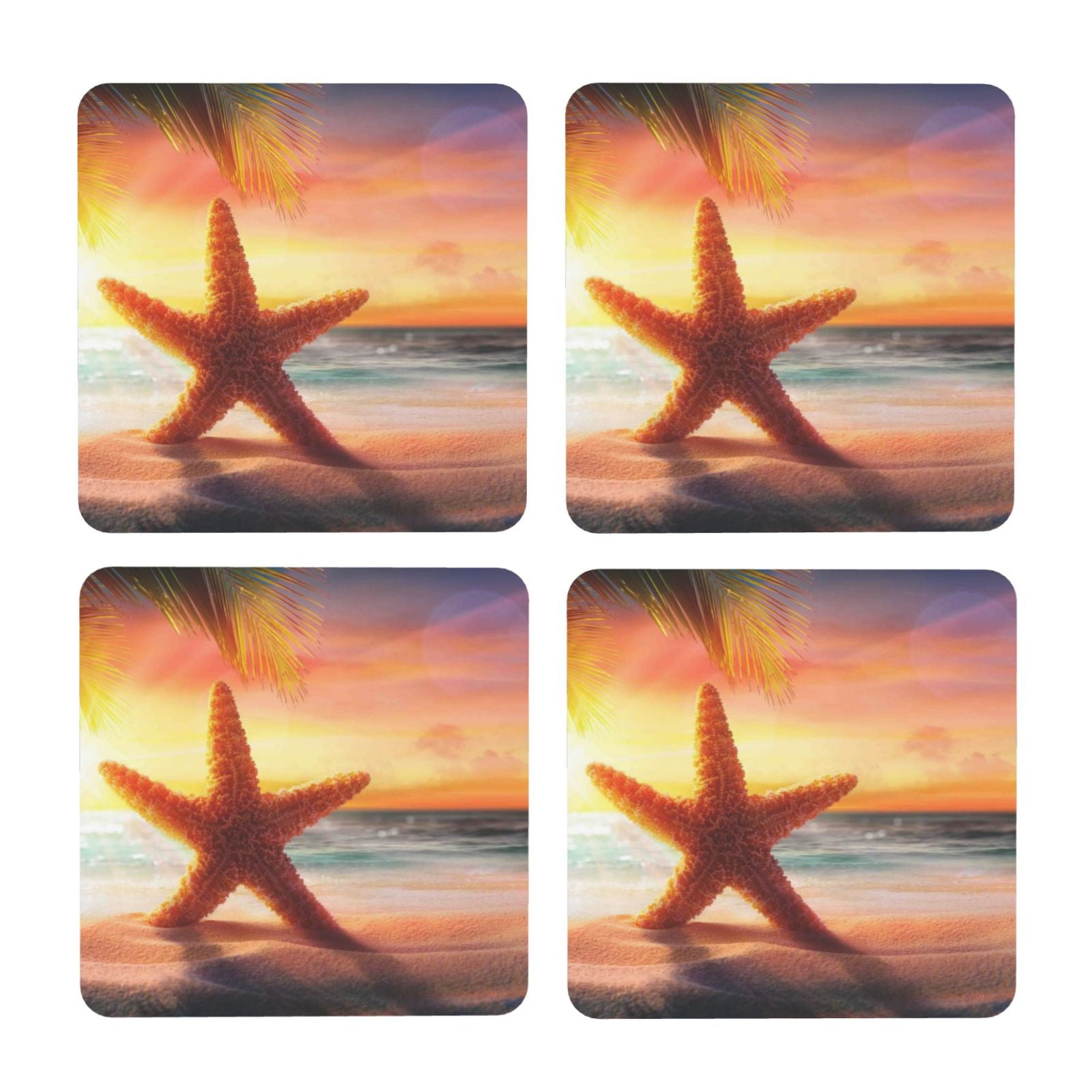 Disketp Starfish Sunset Sea Beach MDF Cork Coaster 4 Pcs - Absorbent Beverage Coasters for ...
