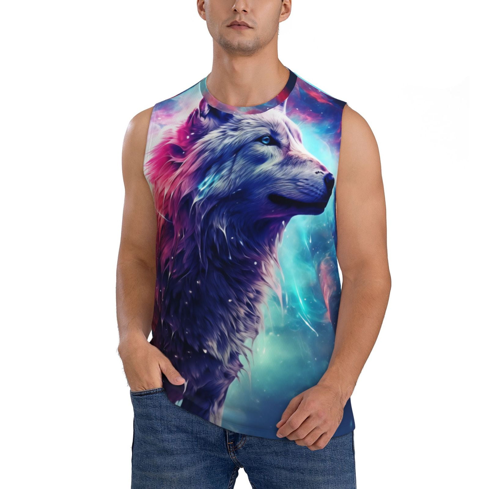 Disketp Starry Multicolored Wolf Sleeveless Tshirts for Men, Muscle ...