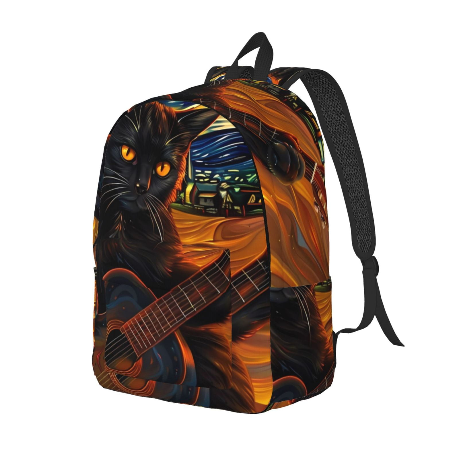 Disketp Starry Night Cat Guitarist A Canvas Backpack Lightweight Travel ...