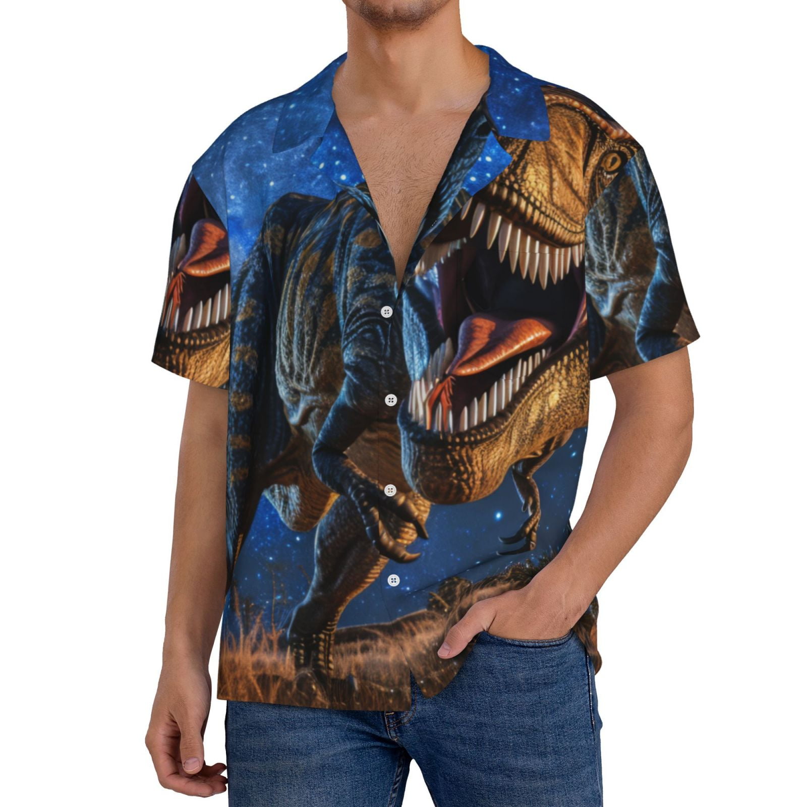 Disketp Starry Night Charging Dinosaur Men's Hawaiian, Shirts Button ...