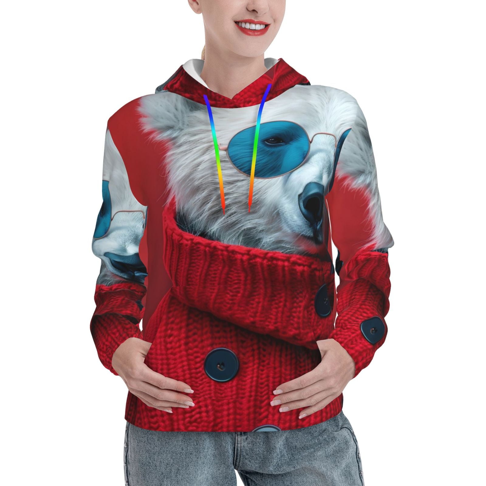 Disketp Stylish Polar Bear Sunglasses Womens Casual Hoodies Crew Neck ...