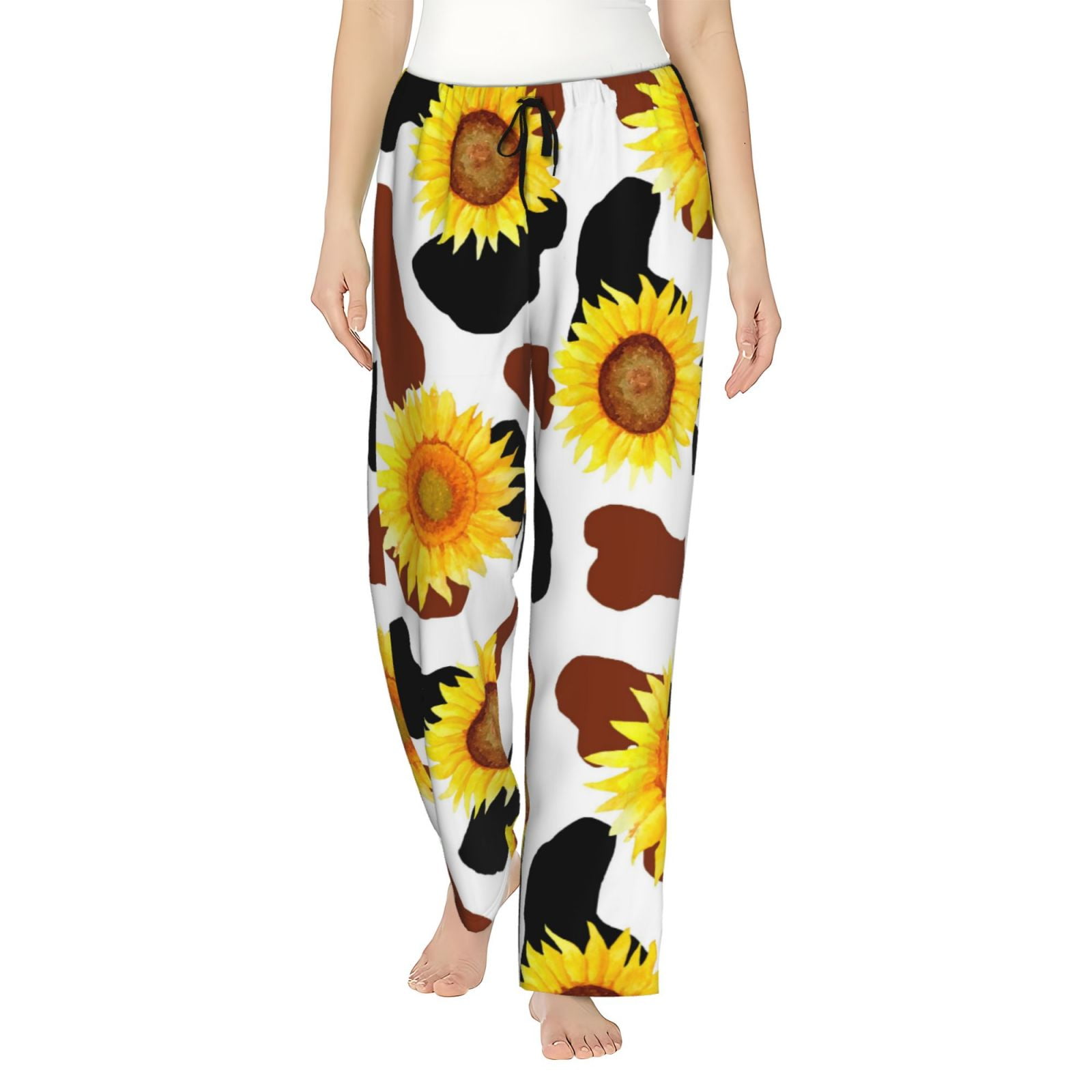 Disketp Sunflower Cow Print Women'S Comfy Pajama Pants Casual ...