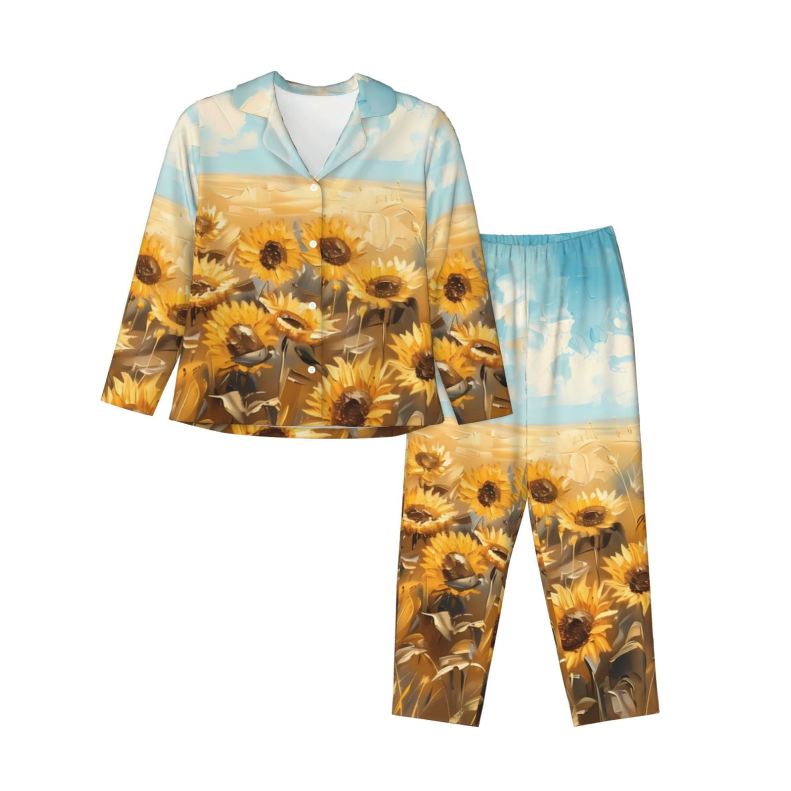 Disketp Sunflower Field Bliss Pajamas Set Long Sleeve Sleepwear Womens ...