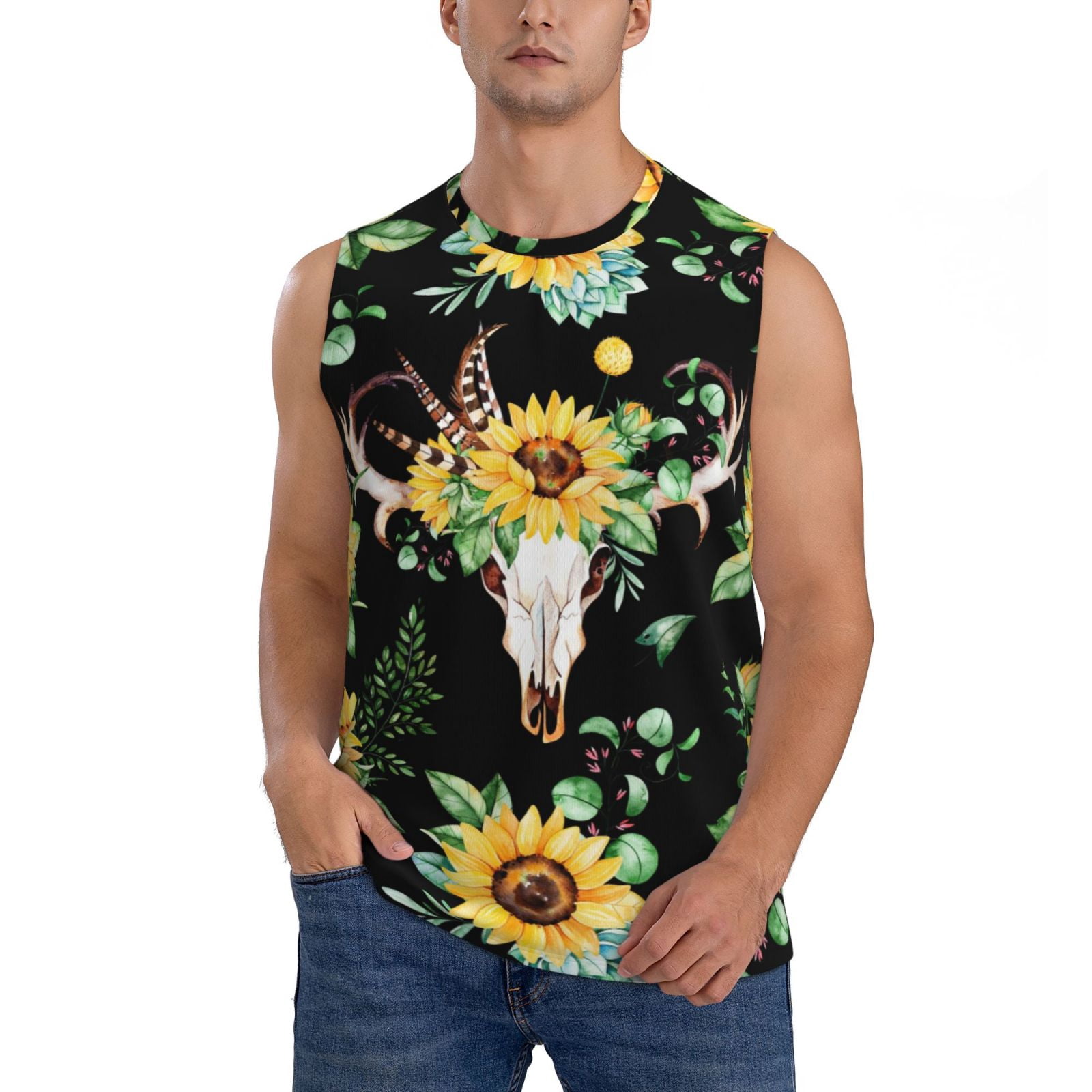 Disketp Sunflower Skull Sleeveless Tshirts For Men, Muscle Shirts For ...